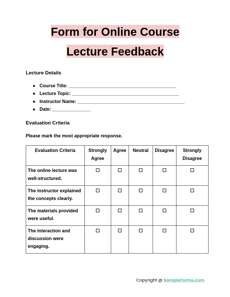 FREE 13+ Form for Lecture Feedback Samples, PDF, MS Word, Google Docs