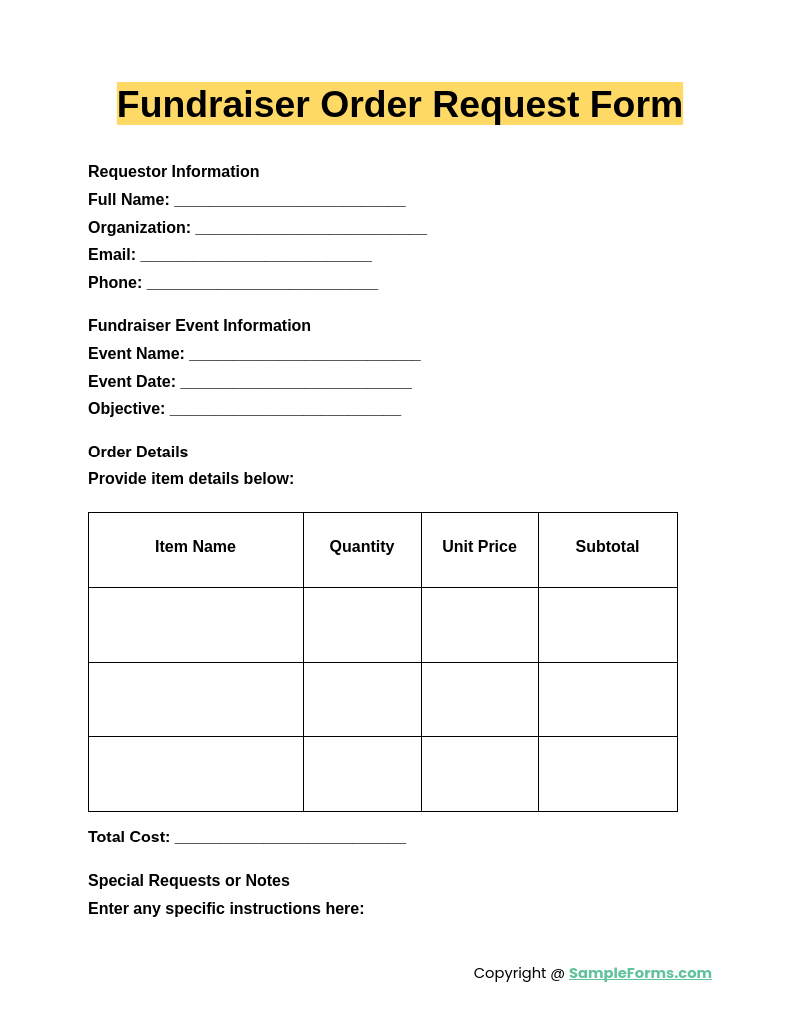 FREE 14+ Fundraiser Order Form Samples, PDF, MS Word, Google Docs, Excel