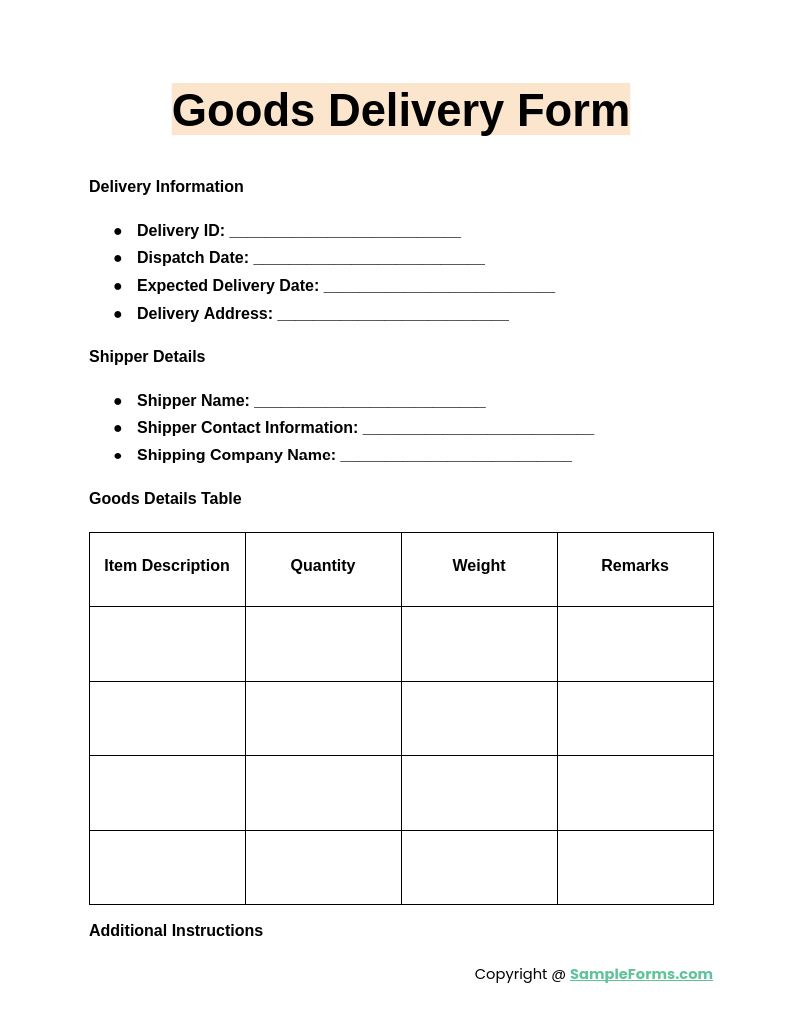 FREE 35+ Delivery Form Samples, PDF, MS Word, Google Docs