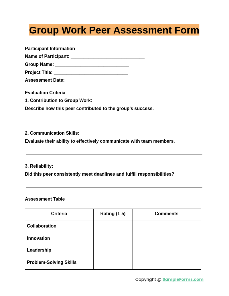 FREE 12+ Peer Assessment Form Samples, PDF, MS Word, Google Docs