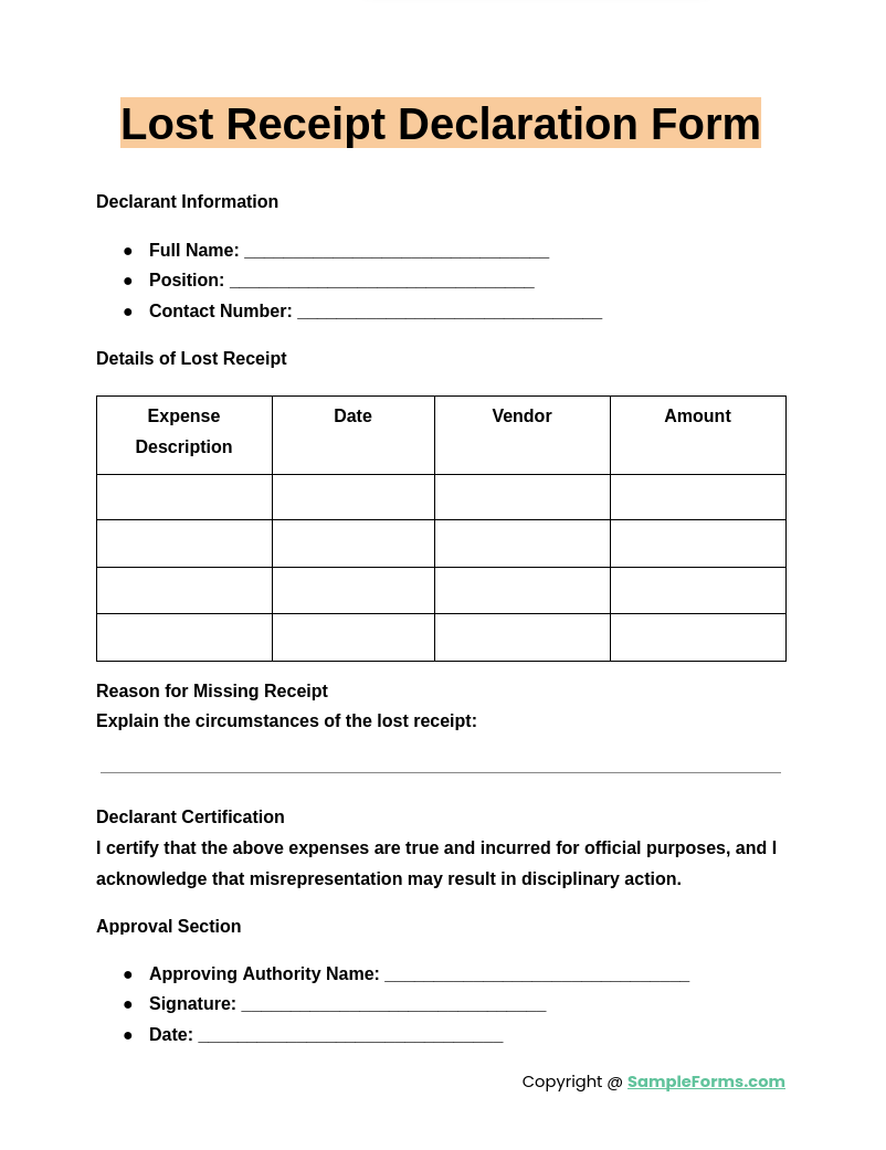 FREE 11+ Lost Receipt Form Samples, PDF, MS Word, Google Docs, Excel