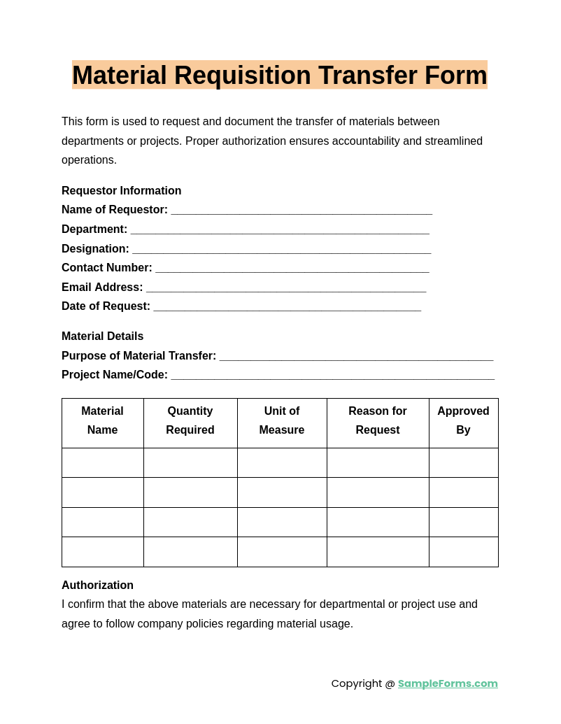 FREE 12+ Material Transfer Form Samples, PDF, MS Word, Google Docs