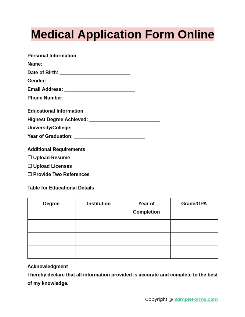 FREE 35+ Medical Application Form Samples, PDF, MS Word, Google Docs