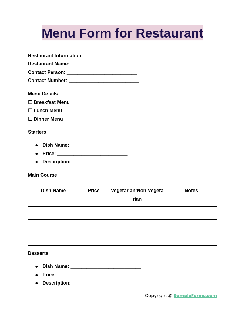FREE 22+ Menu Form Samples, PDF, MS Word, Google Docs