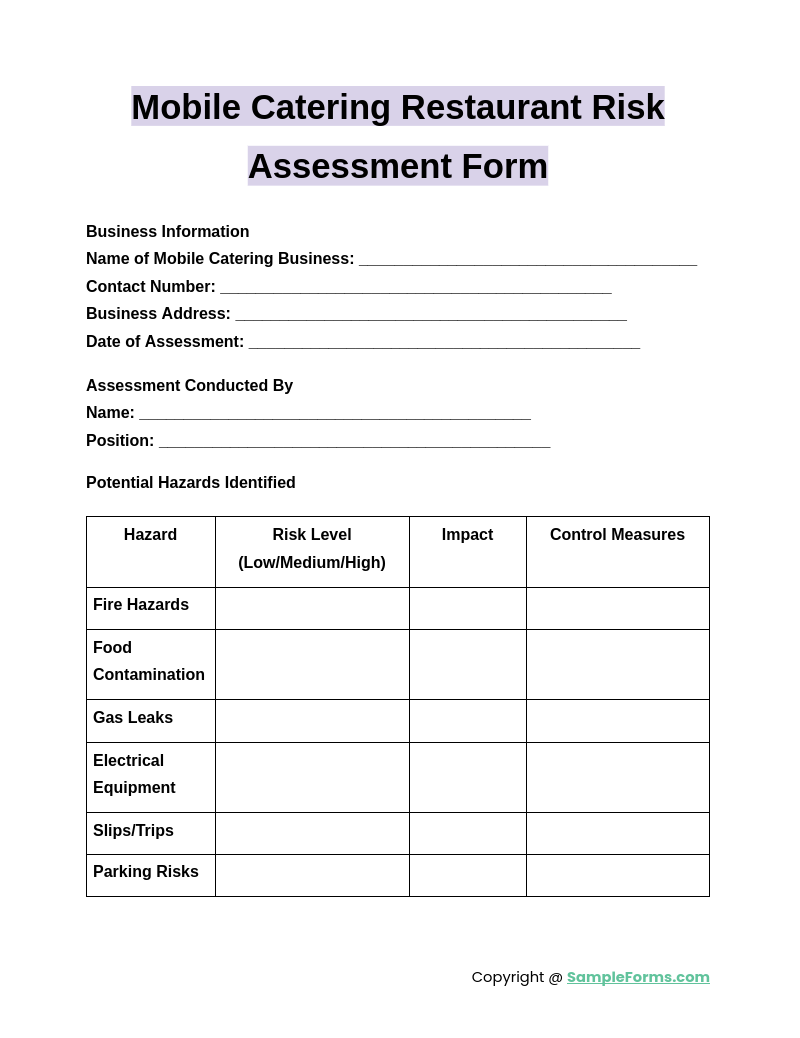 FREE 8+ Restaurant Risk Assessment Form Samples, PDF, MS Word, Google Docs