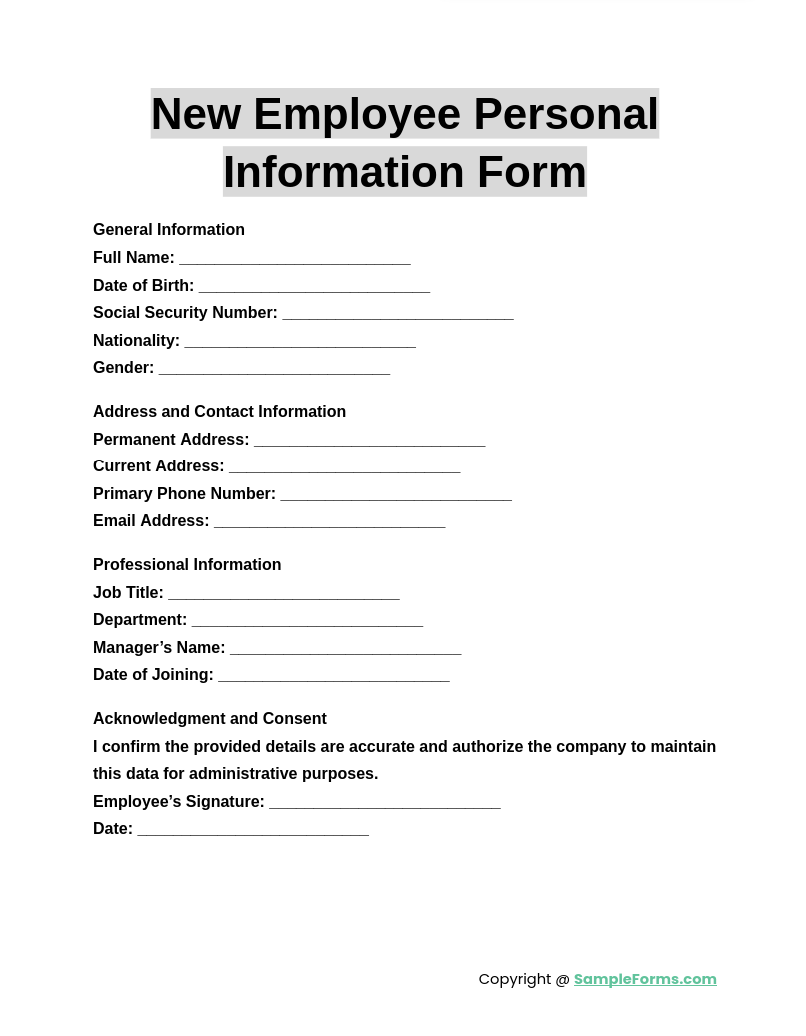 FREE 12+ Employee Personal Information Form Samples, PDF, MS Word, Google Docs, Excel
