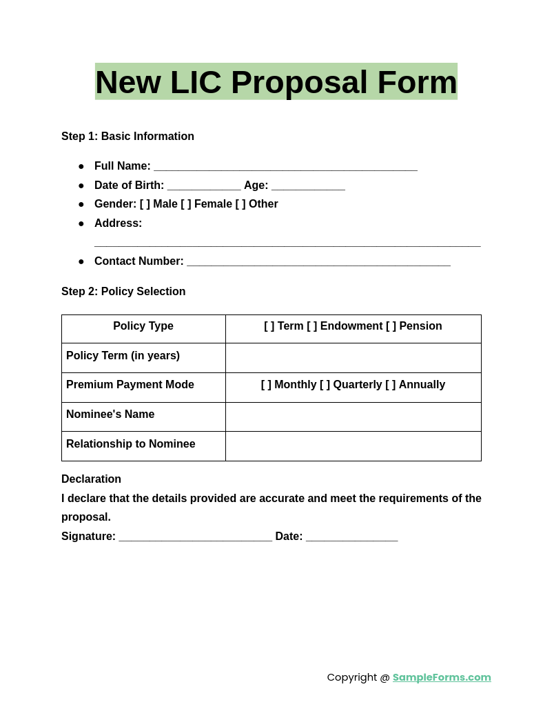 FREE 13+ LIC Proposal Form Samples, PDF, MS Word, Google Docs