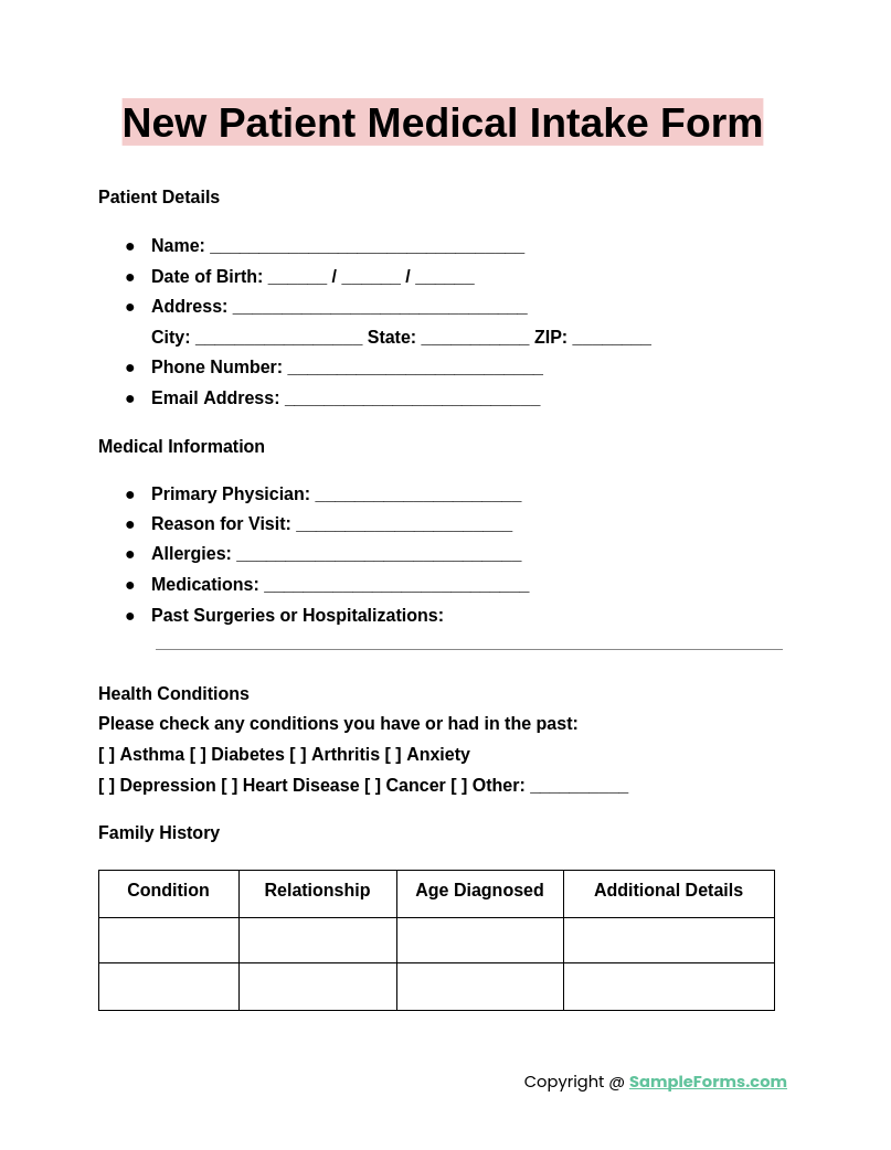 FREE 10+ New Patient Intake Form Samples, PDF, MS Word, Google Docs, Excel