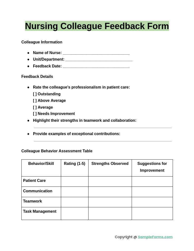 FREE 13+ Nursing Feedback Form Samples, PDF, MS Word, Google Docs
