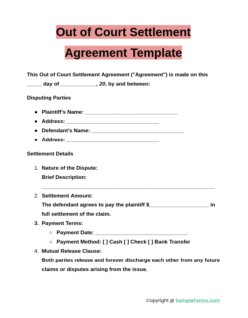 FREE 13+ Settlement Agreement Form Samples, PDF, MS Word, Google Docs