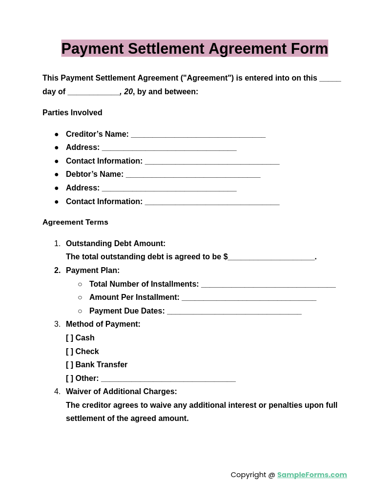 FREE 13+ Settlement Agreement Form Samples, PDF, MS Word, Google Docs
