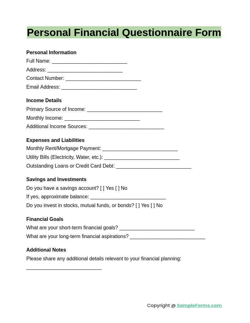 FREE 13+ Financial Questionnaire Form Samples, PDF, MS Word, Google Docs