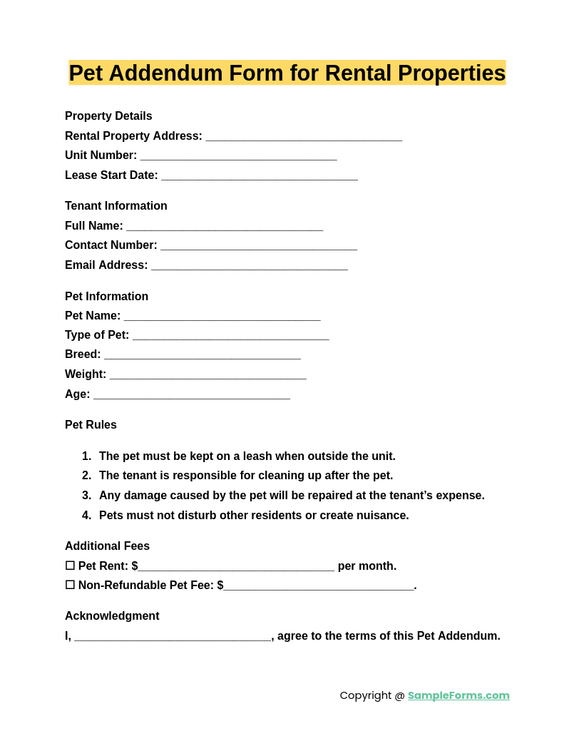 FREE 12+ Pet Addendum Form Samples, PDF, MS Word, Google Docs