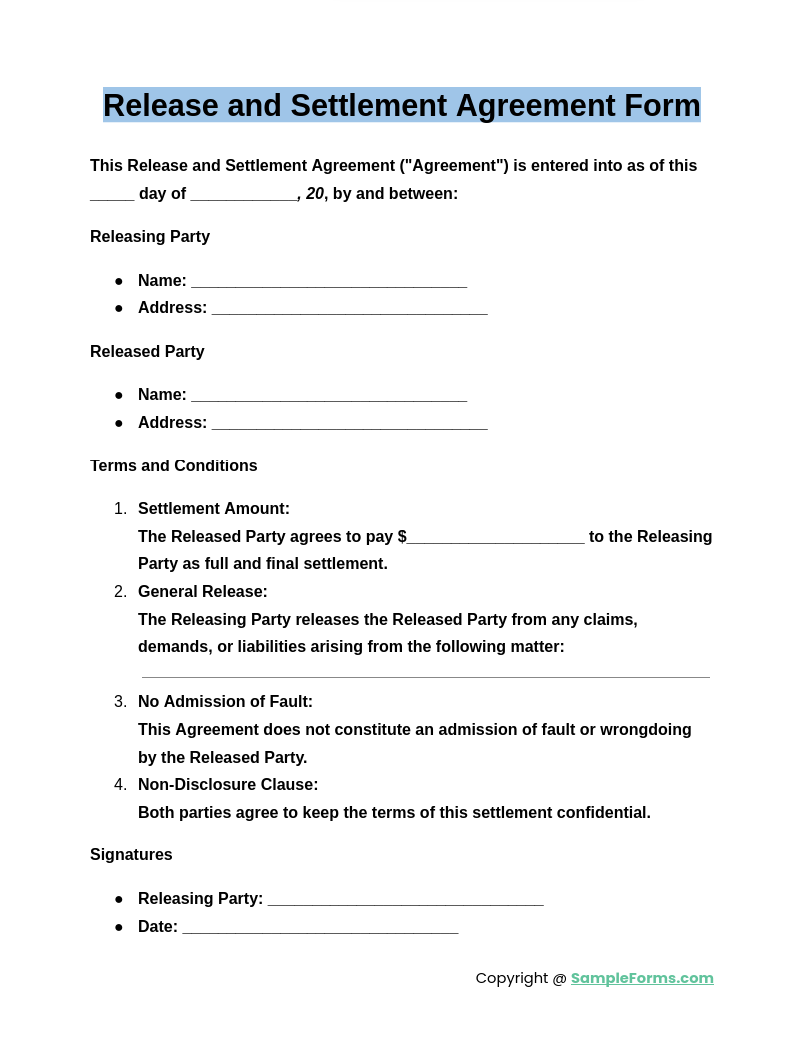 FREE 13+ Settlement Agreement Form Samples, PDF, MS Word, Google Docs