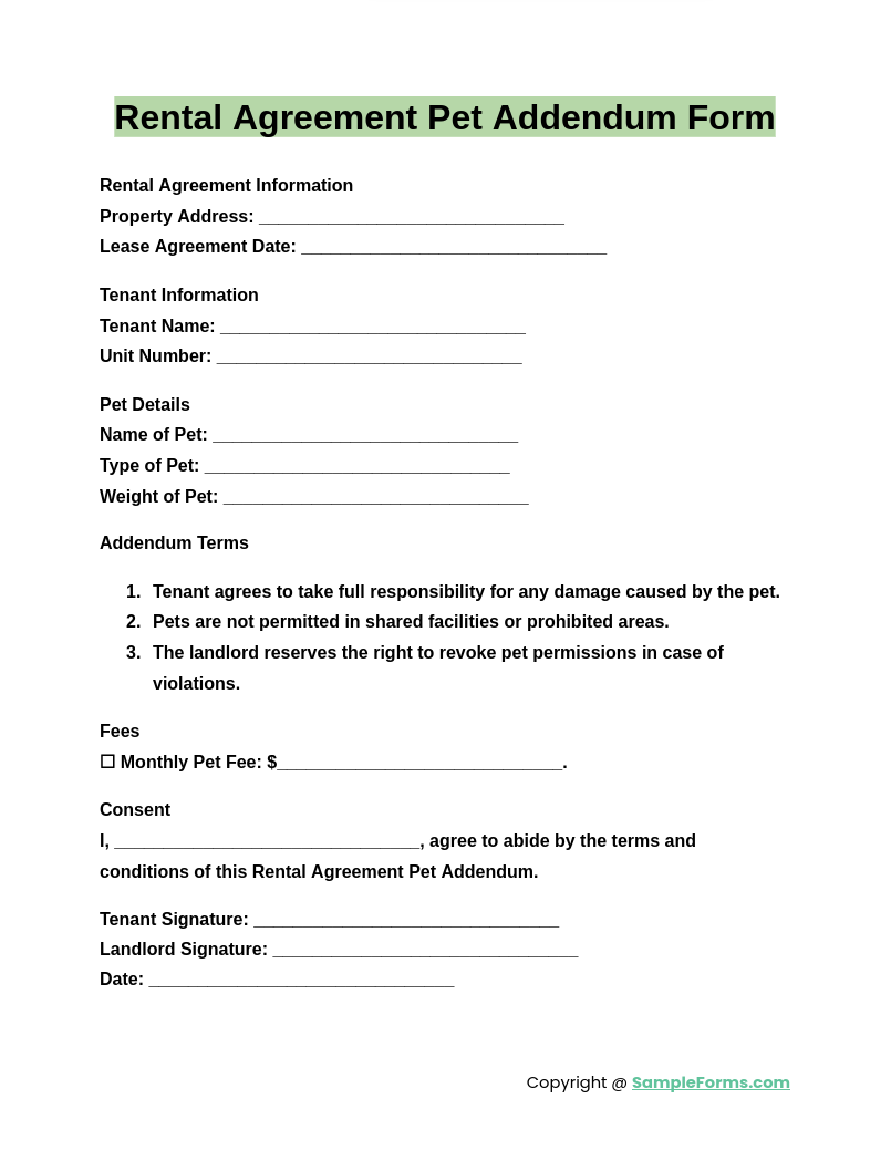 FREE 12+ Pet Addendum Form Samples, PDF, MS Word, Google Docs