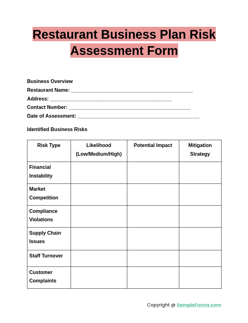 FREE 8+ Restaurant Risk Assessment Form Samples, PDF, MS Word, Google Docs