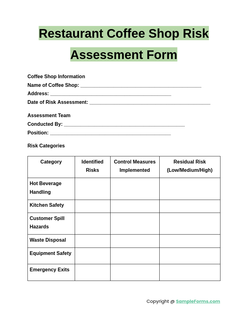 FREE 8+ Restaurant Risk Assessment Form Samples, PDF, MS Word, Google Docs