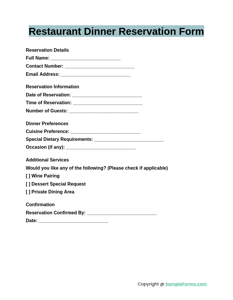 FREE 15+ Restaurant Reservation Form Samples, PDF, MS Word, Google Docs