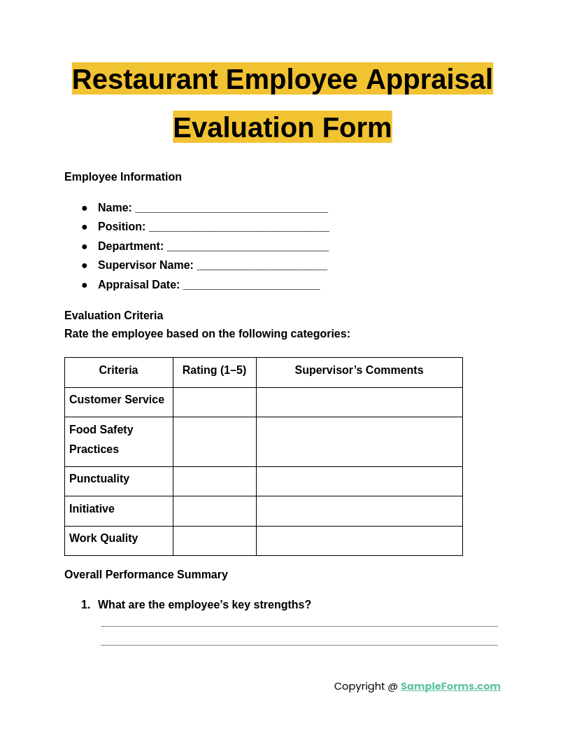 FREE 11+ Restaurant Employee Evaluation Form Samples, PDF, MS Word ...