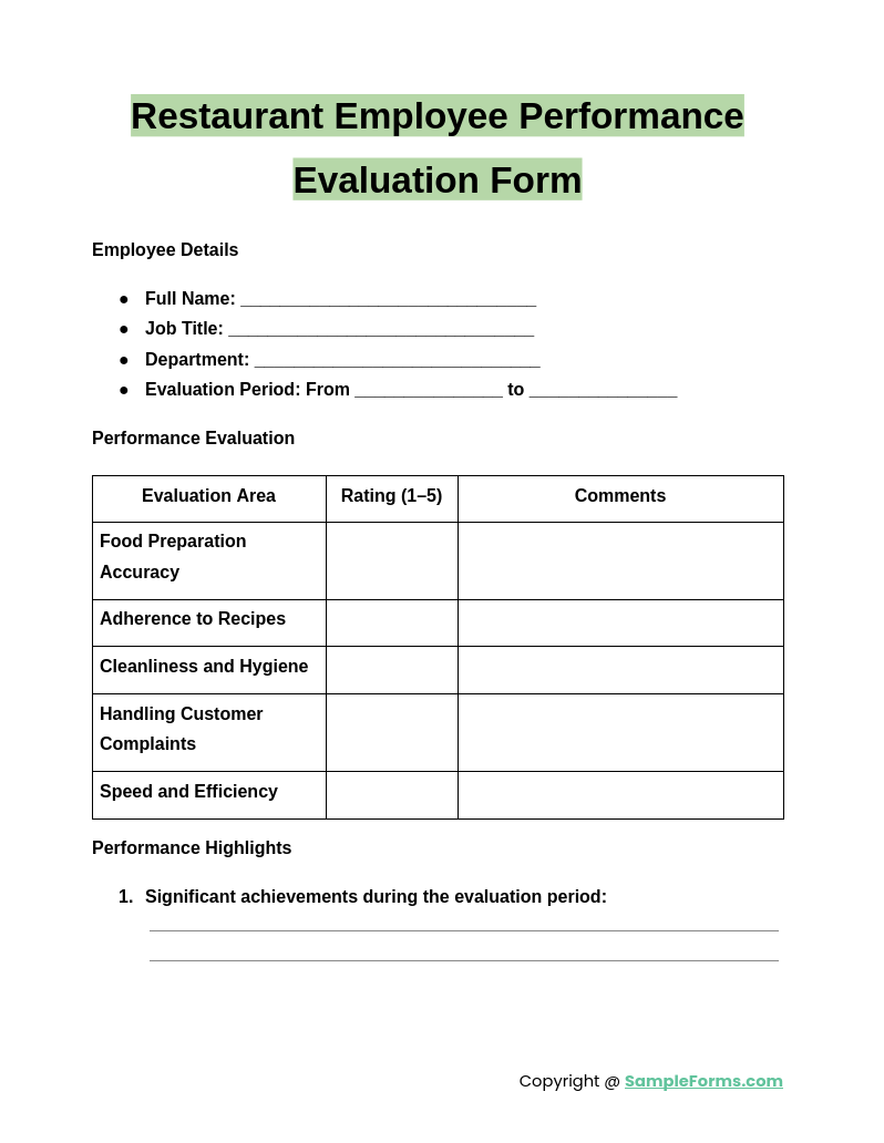 FREE 11+ Restaurant Employee Evaluation Form Samples, PDF, MS Word ...