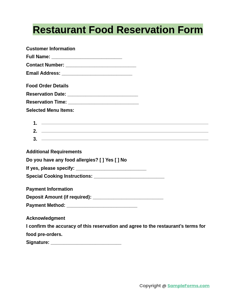 FREE 15+ Restaurant Reservation Form Samples, PDF, MS Word, Google Docs