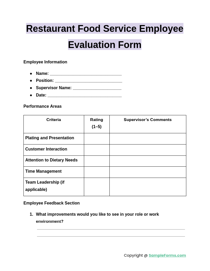 FREE 11+ Restaurant Employee Evaluation Form Samples, PDF, MS Word ...