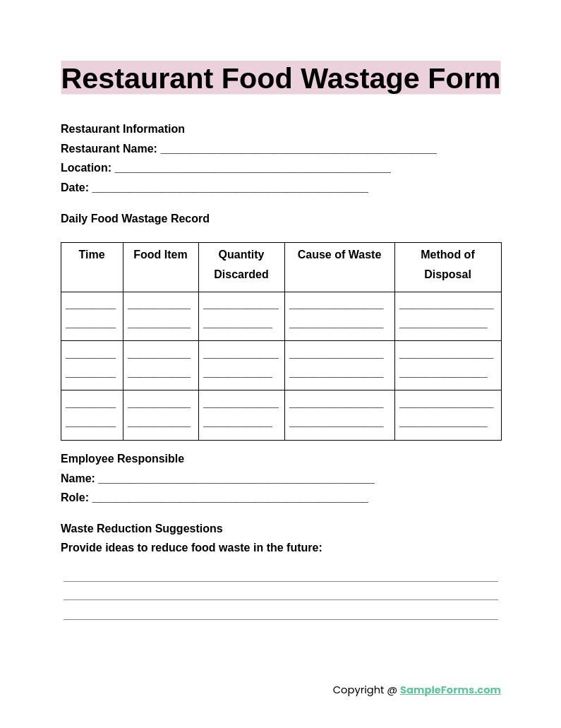 FREE 14+ Restaurant Waste/Wastage Form Samples, PDF, MS Word, Google ...