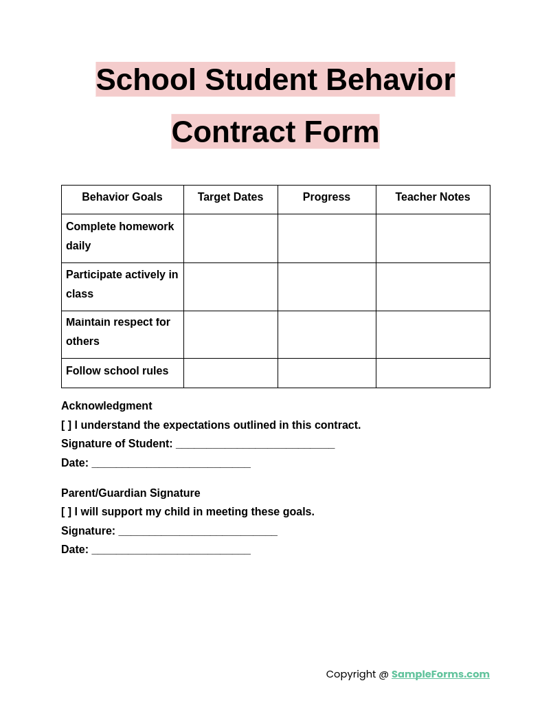 FREE 12+ Student Behavior Contract Form Samples, PDF, MS Word, Google Docs