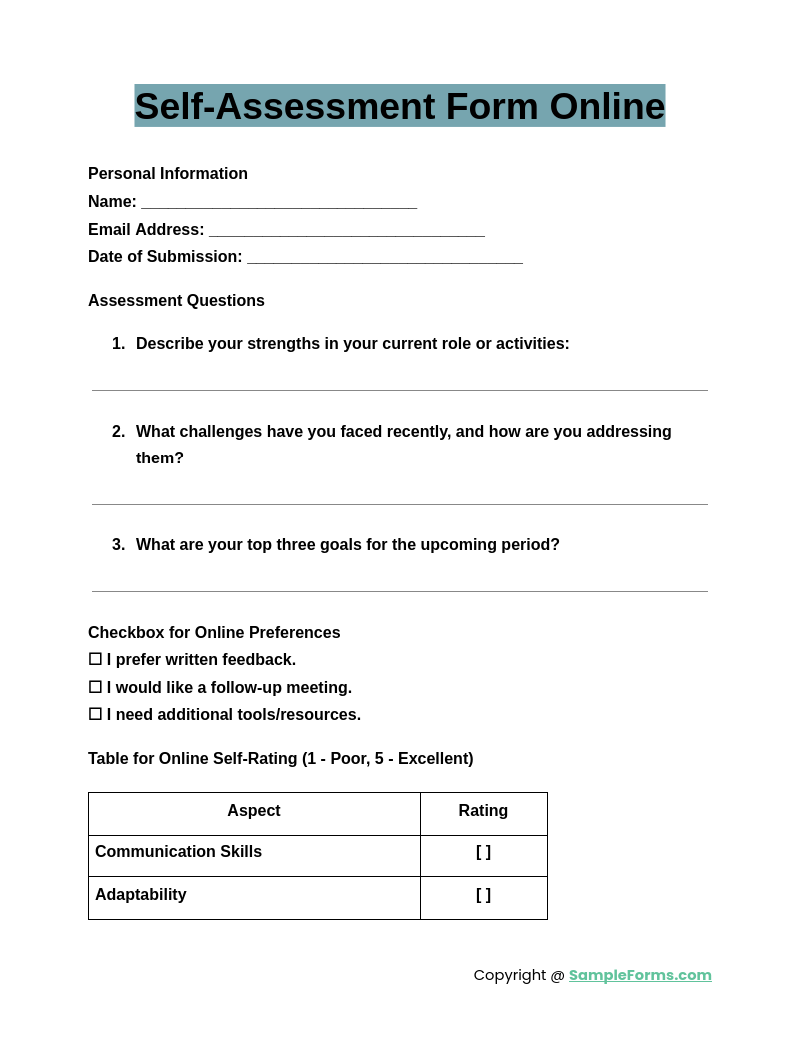 FREE 40+ Self-Assessment Form Samples, PDF, MS Word, Google Docs, Excel