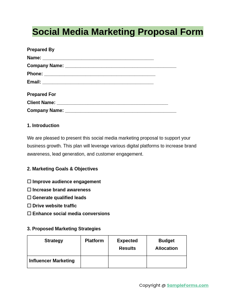 FREE 11+ Social Media Proposal Form Samples, PDF, MS Word, Google Docs