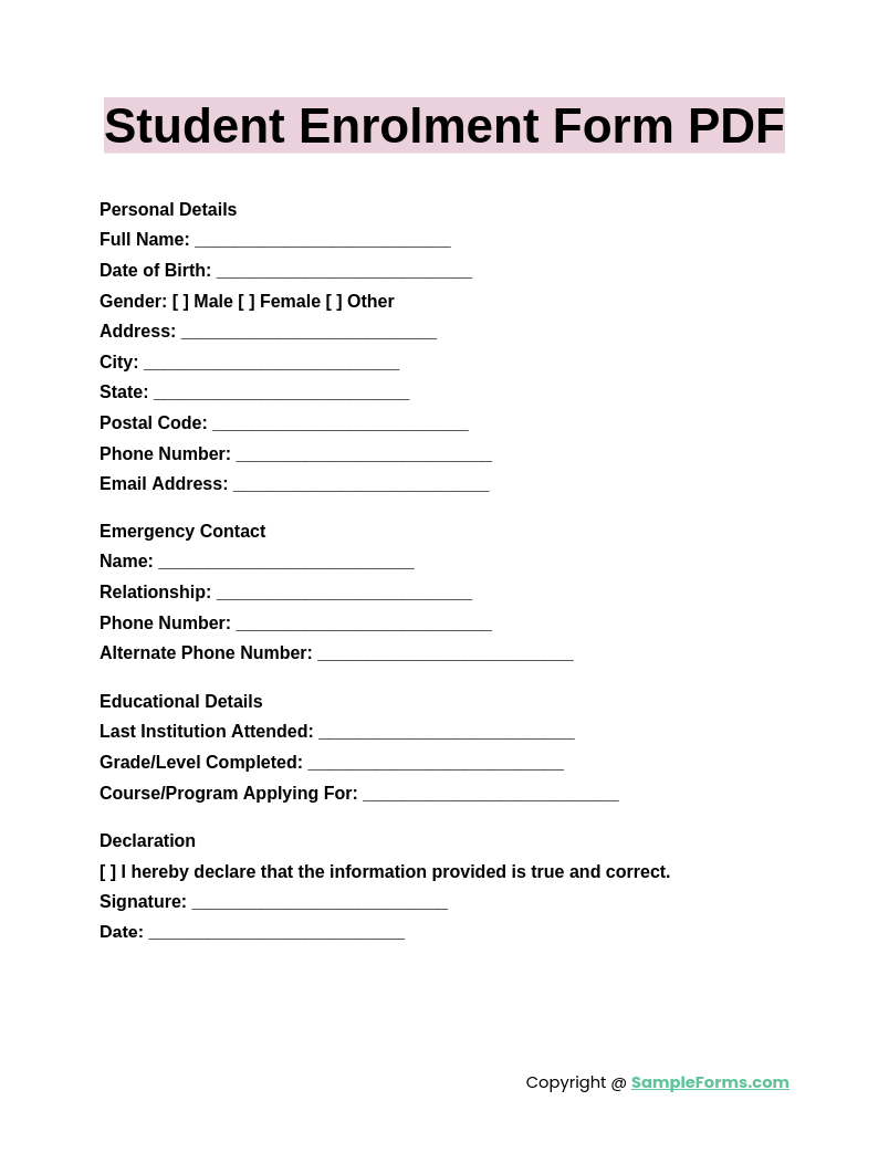 FREE 56+ Enrolment Form Samples, PDF, MS Word, Google Docs, Excel