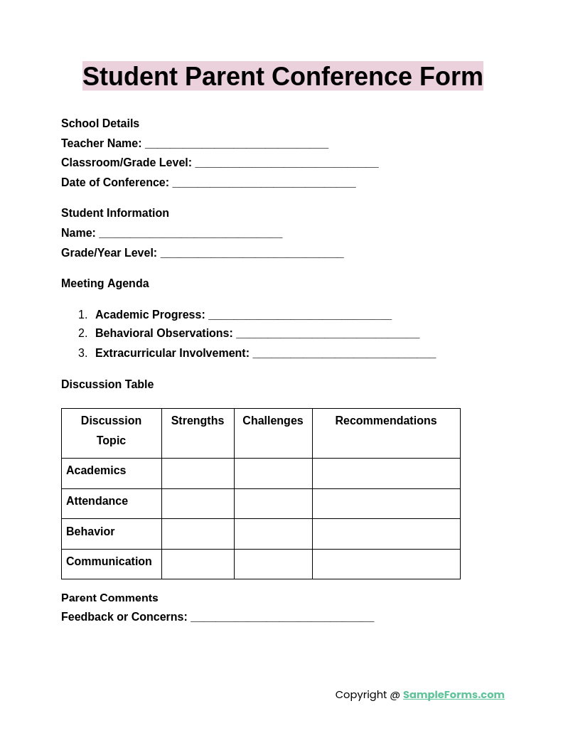 FREE 14+ Parent Conference Form Samples, PDF, MS Word, Google Docs