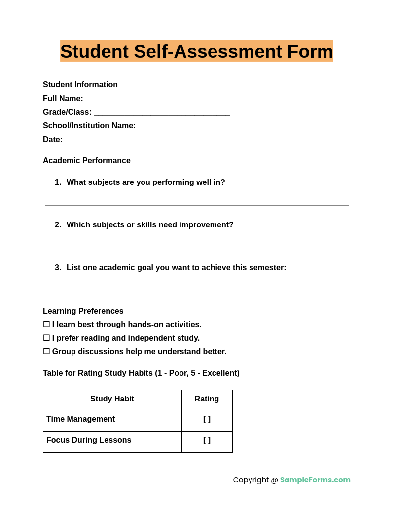 FREE 40+ Self-Assessment Form Samples, PDF, MS Word, Google Docs, Excel