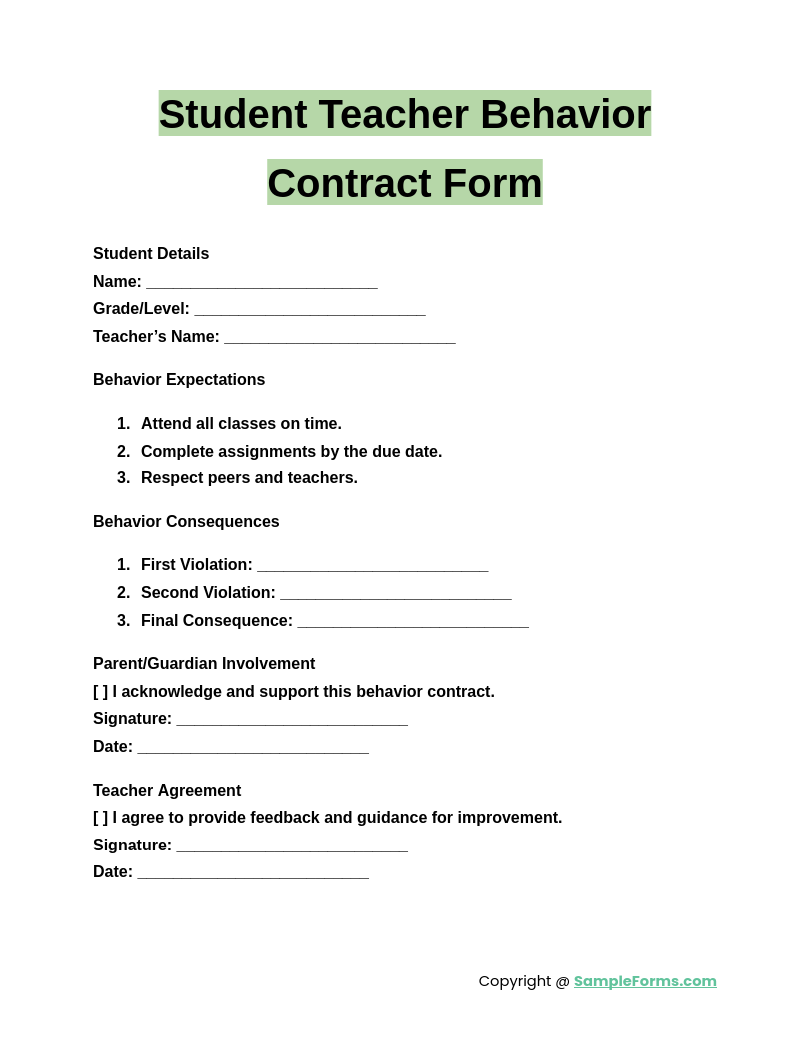 FREE 12+ Student Behavior Contract Form Samples, PDF, MS Word, Google Docs