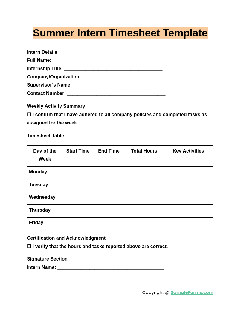 FREE 13+ Summer Intern Timesheet Samples, PDF, MS Word, Google Docs