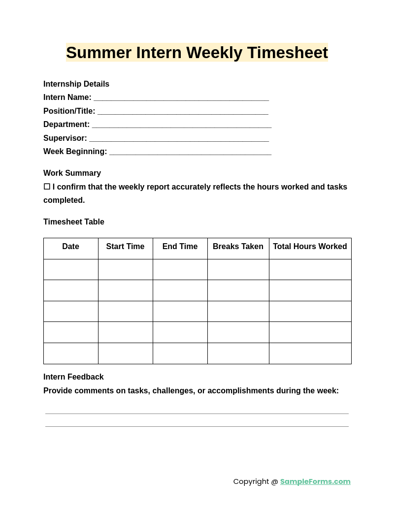 FREE 13+ Summer Intern Timesheet Samples, PDF, MS Word, Google Docs