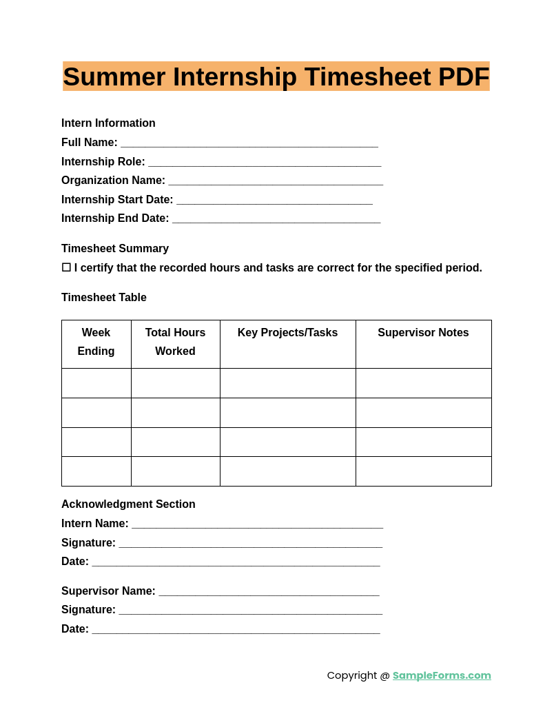 FREE 13+ Summer Intern Timesheet Samples, PDF, MS Word, Google Docs