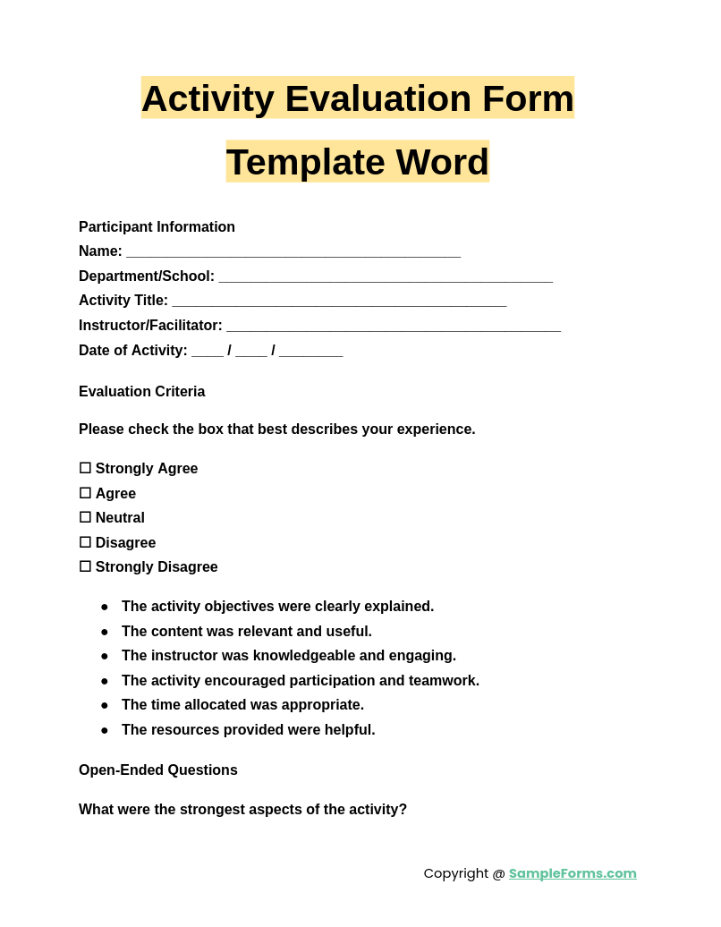 FREE 10+ Activity Evaluation Form Samples, PDF, MS Word, Google Docs