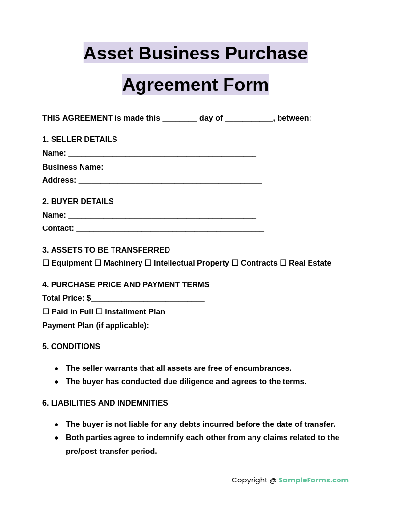 FREE 11+ Business Purchase Agreement Form Samples, PDF, MS Word, Google ...