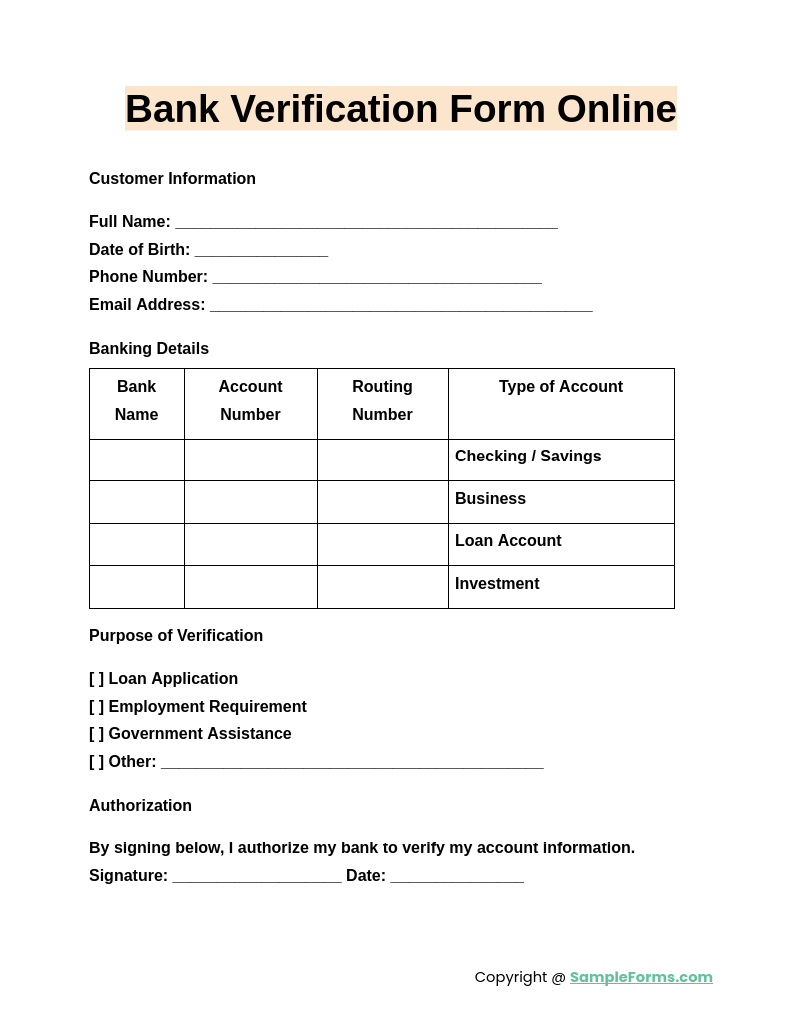FREE 12+ Bank Verification Form Samples, PDF, MS Word, Google Docs
