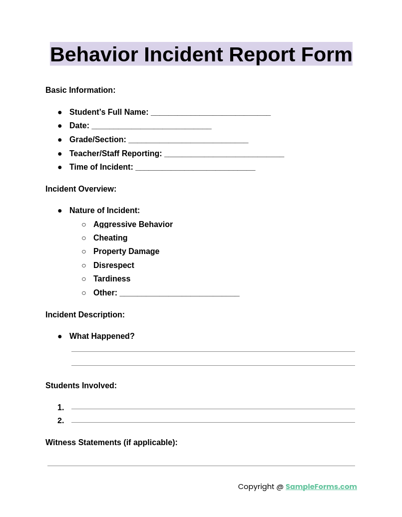 FREE 17+ Behavior Report Form Samples, PDF, MS Word, Google Docs