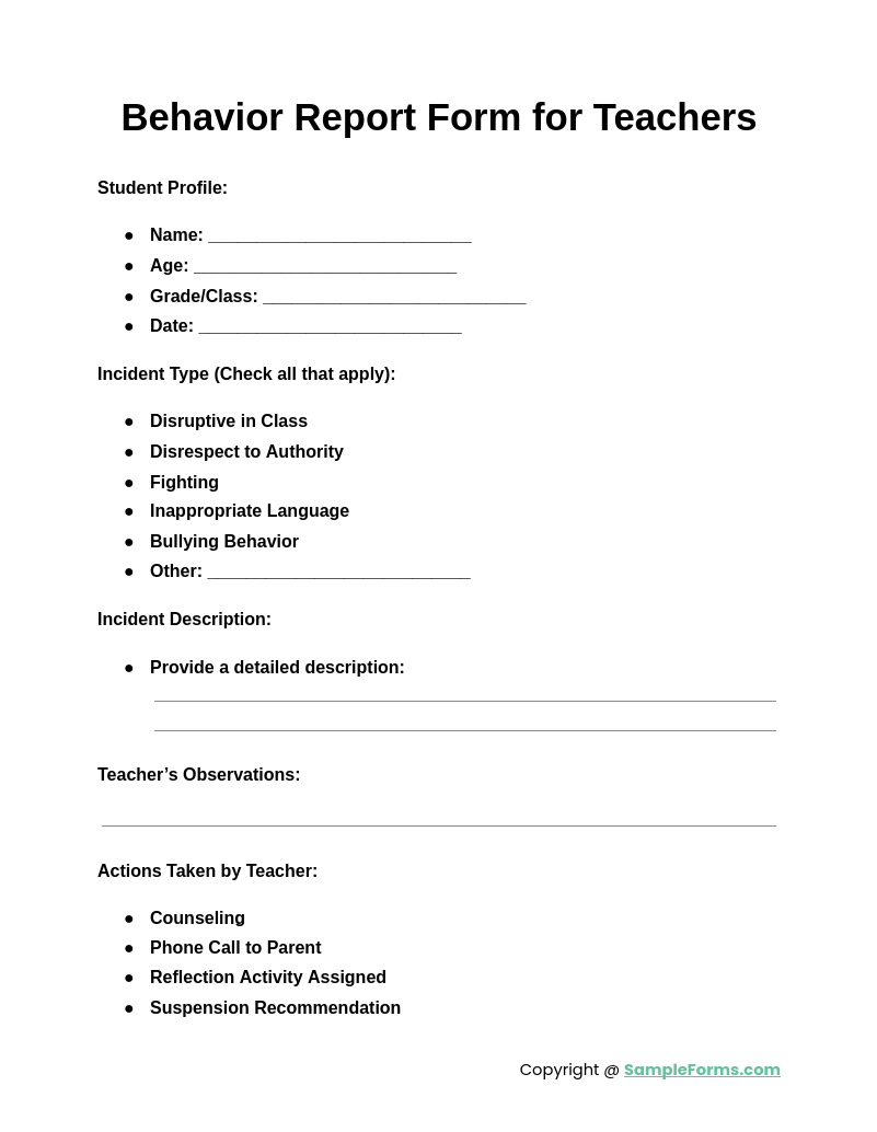 FREE 17+ Behavior Report Form Samples, PDF, MS Word, Google Docs