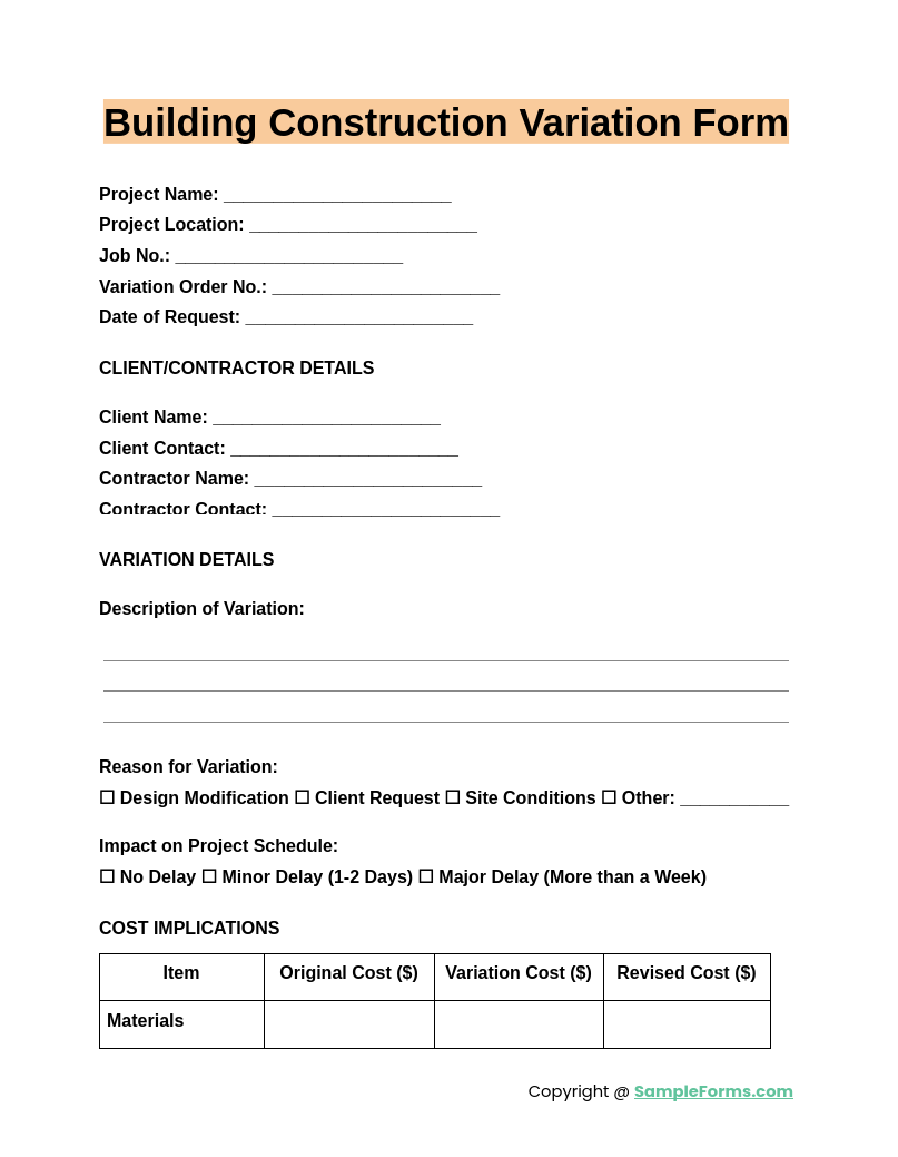 FREE 8+ Construction Variation Form Samples, PDF, MS Word, Google Docs