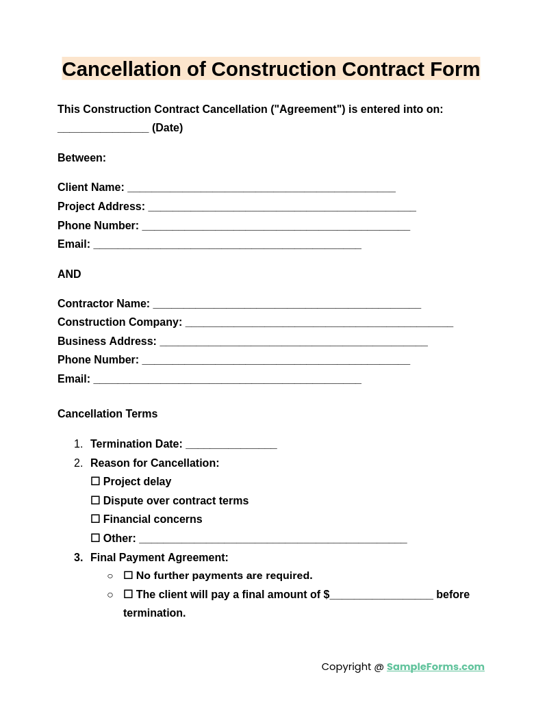 FREE 11+ Cancellation of Contract Form Samples, PDF, MS Word, Google Docs