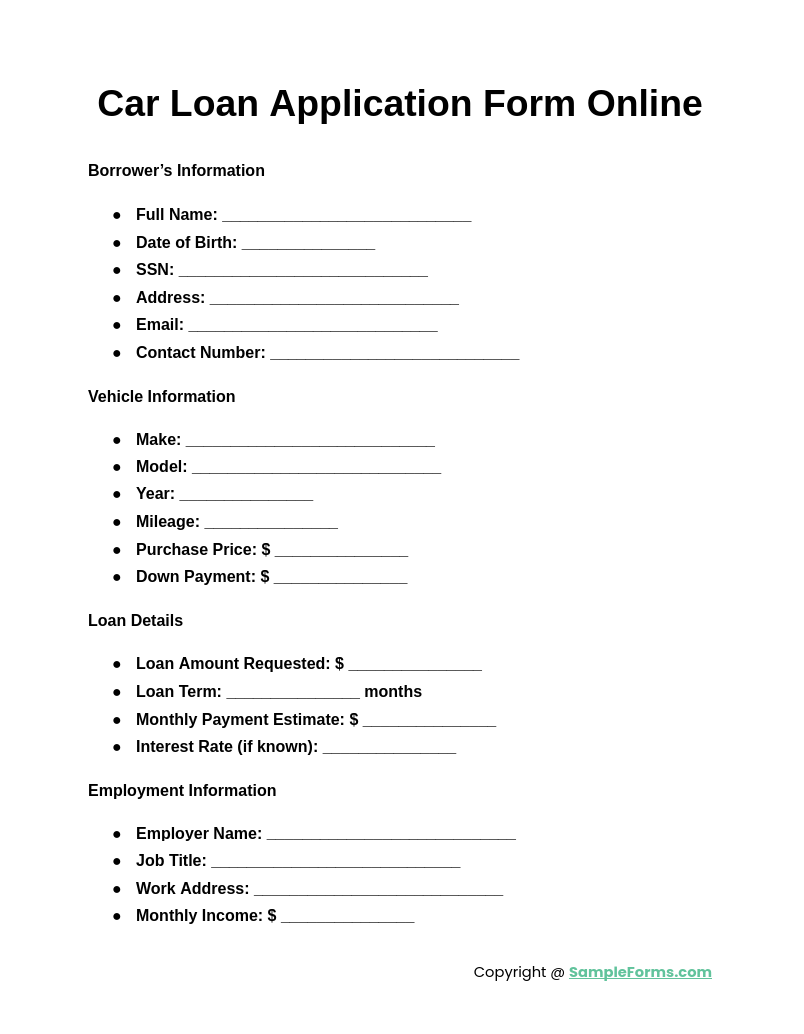 FREE 8+ Car Loan Application Form Samples, PDF, MS Word, Google Docs