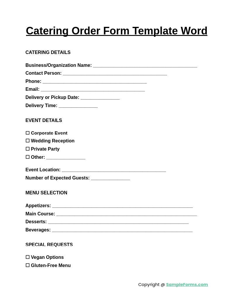 FREE 15+ Catering Order Form Samples, PDF, MS Word, Google Docs, Excel