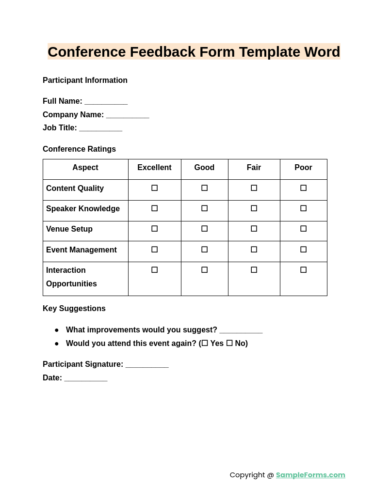 FREE 13+ Conference Feedback Form Samples, PDF, MS Word, Google Docs