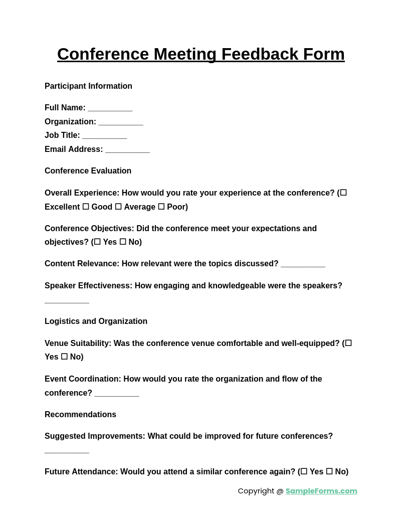 FREE 13+ Conference Feedback Form Samples, PDF, MS Word, Google Docs