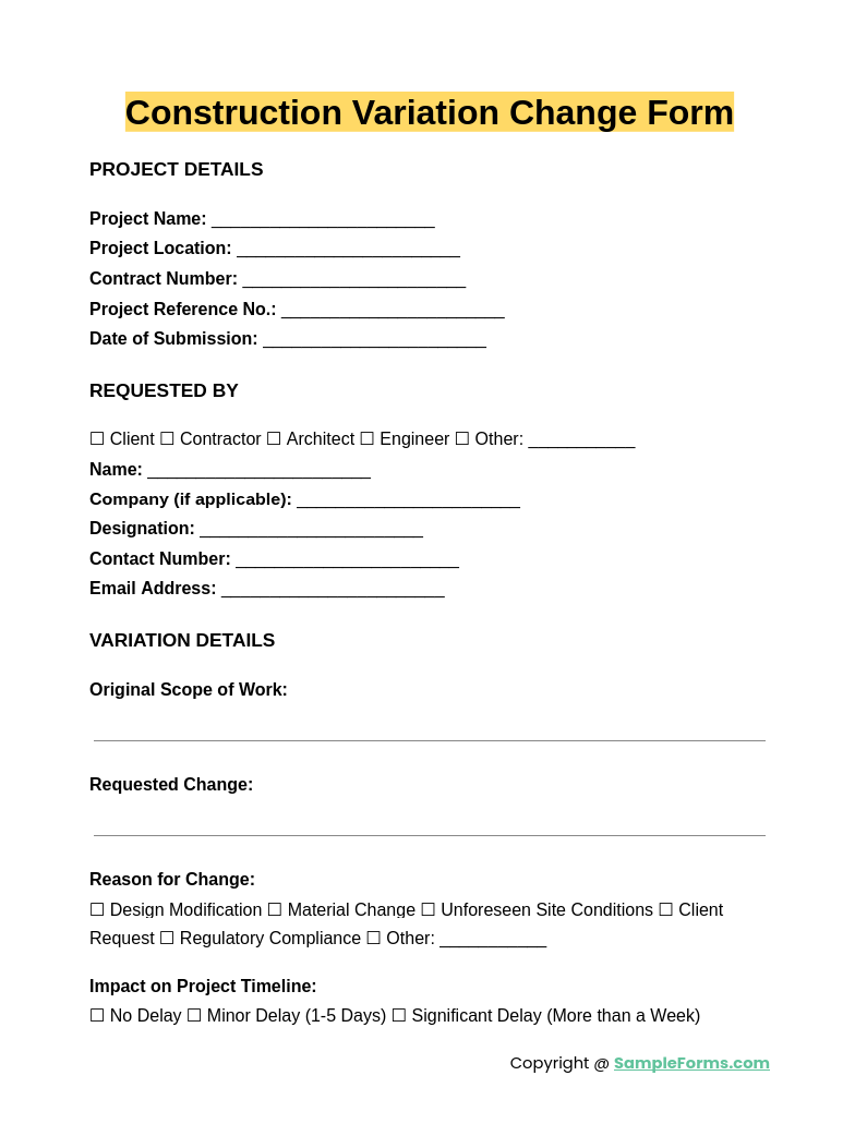FREE 8+ Construction Variation Form Samples, PDF, MS Word, Google Docs