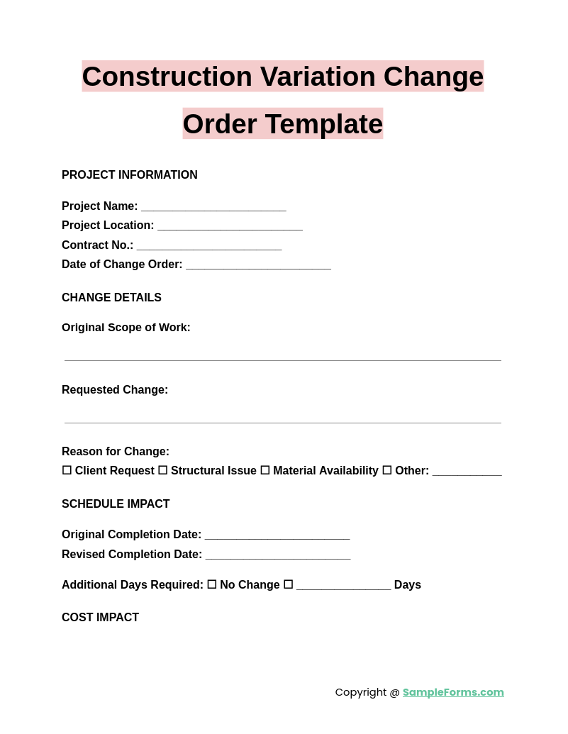 FREE 8+ Construction Variation Form Samples, PDF, MS Word, Google Docs